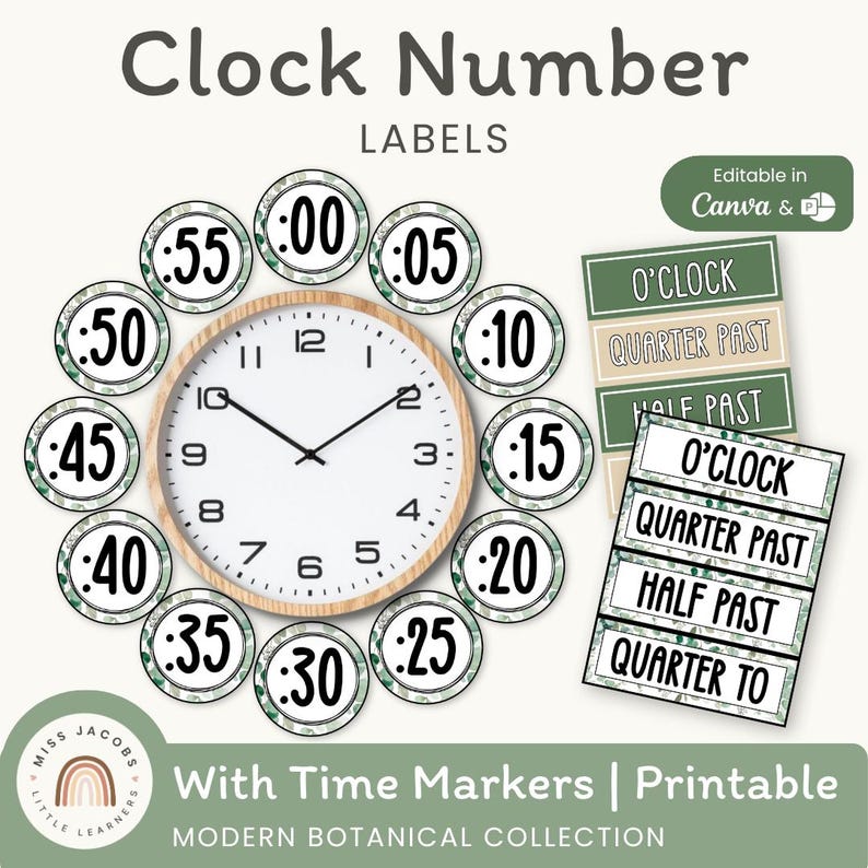 Clock Labels for Classroom, Minute Numbers & Time Phrases, Editable ...