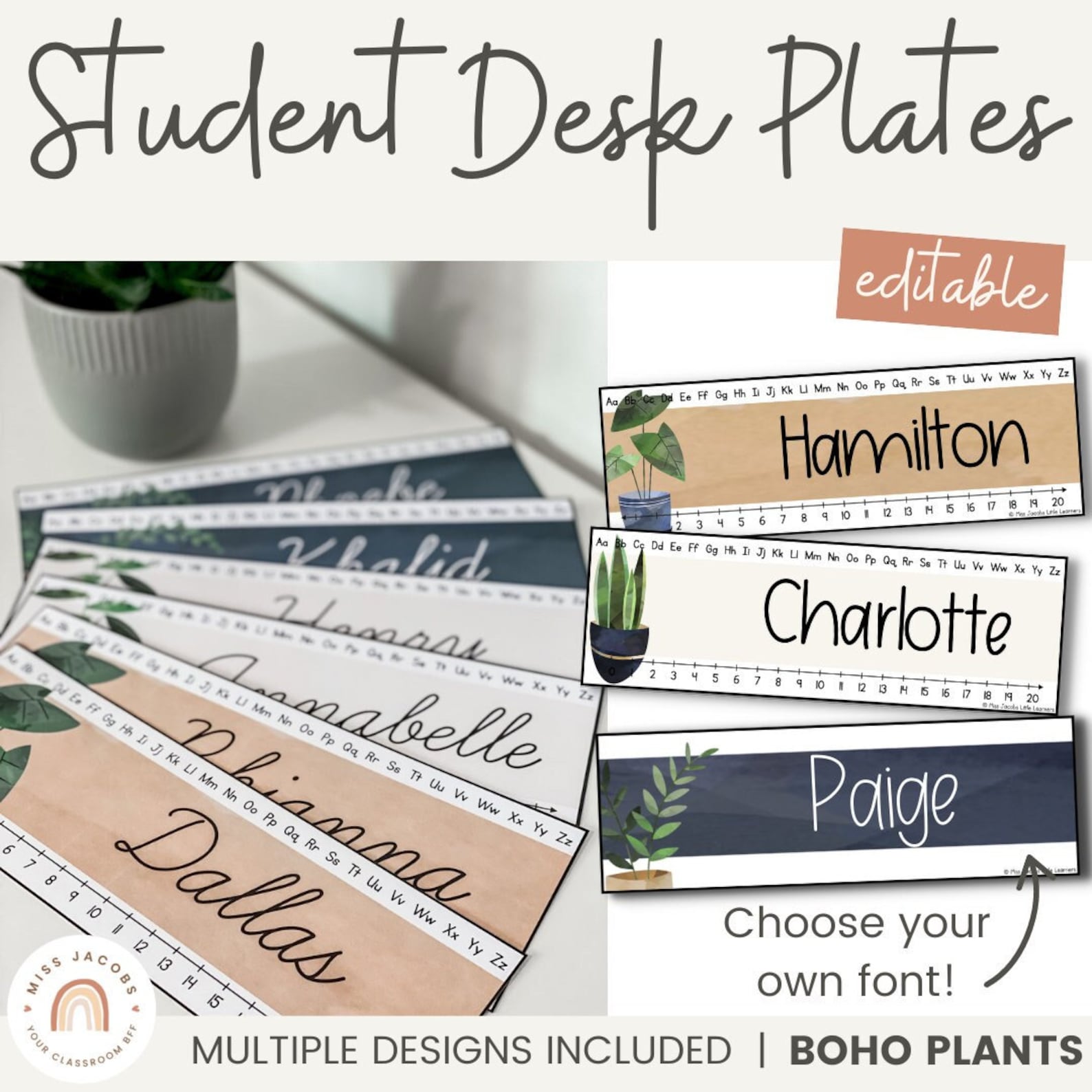 Boho Plants Student Desk Plates Editable Rustic Classroom | Etsy