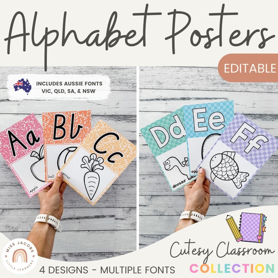 Cutesy Alphabet Posters, Set of 12 Printable Alphabet Wall Posters ...