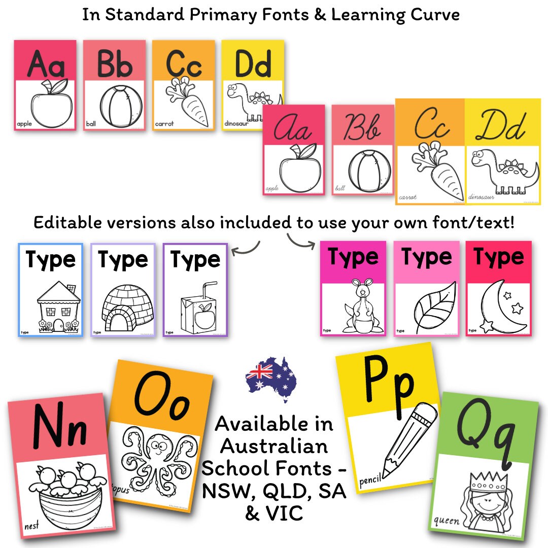 Alphabet Posters Bundle: BRIGHT Neon Rainbow English, ASL and Auslan ...
