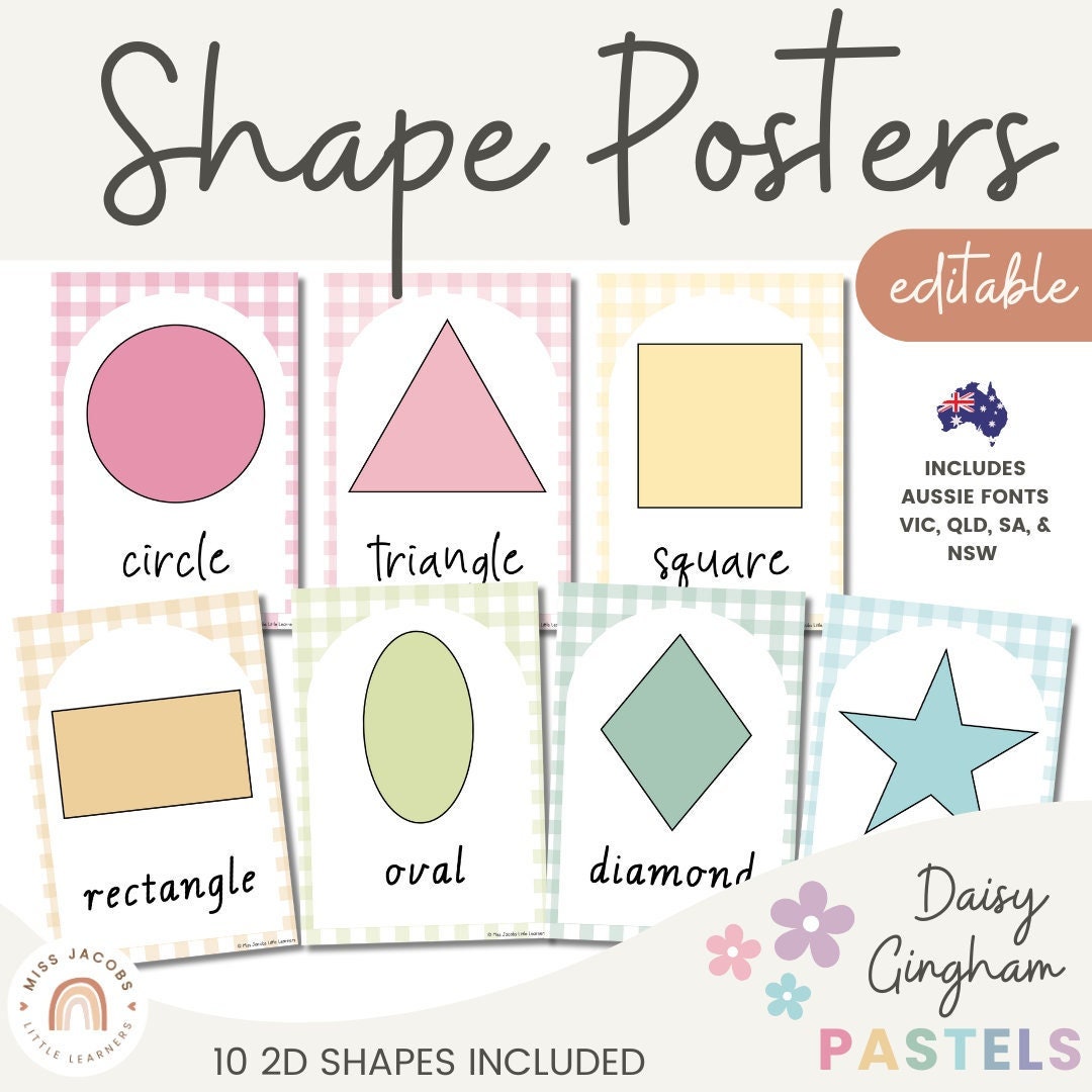 Shape Posters | Daisy Gingham Pastels Classroom Decor | Editable - Etsy