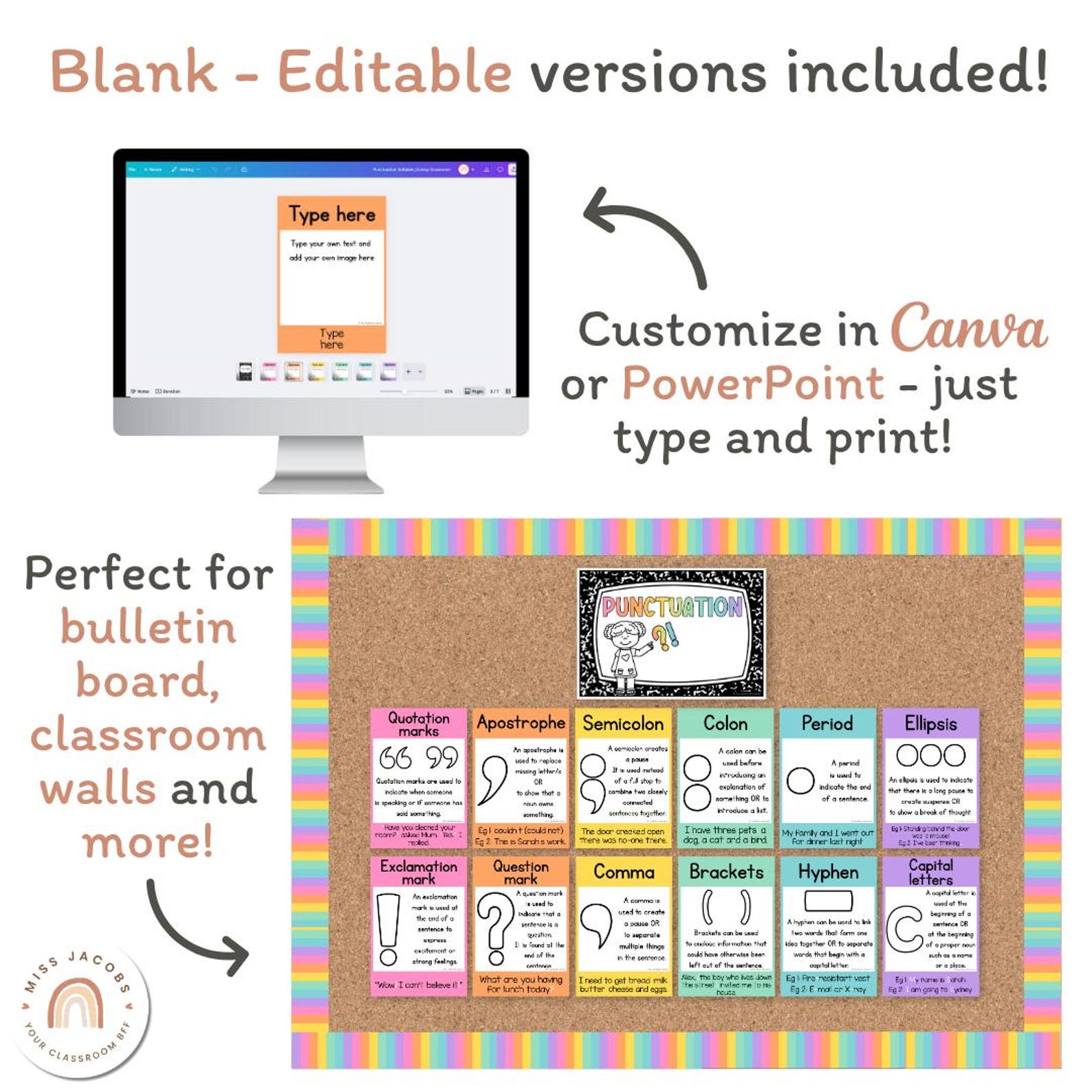 Cutesy Punctuation Posters, Printable English Anchor Charts, Editable ...