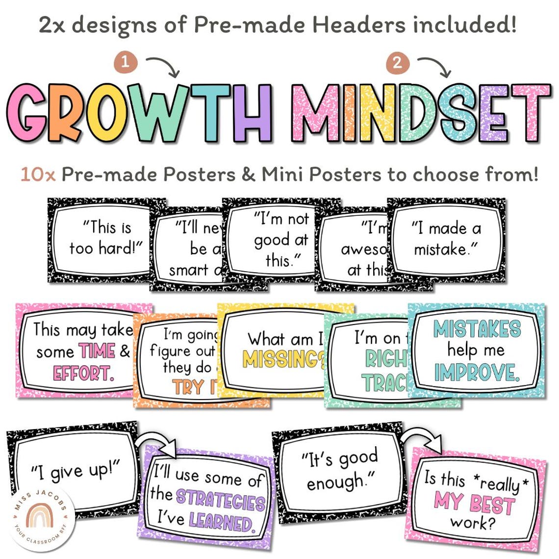 Cutesy Growth Mindset Posters, Printable Positive Self-talk for Kids ...
