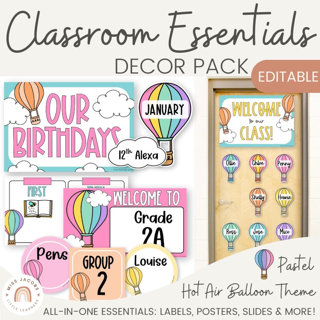 Pastel Hot Air Balloon Classroom Decor Bundle, Editable Calm Theme ...