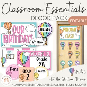 Pastel Hot Air Balloon Classroom Decor Bundle, Editable Calm Theme ...