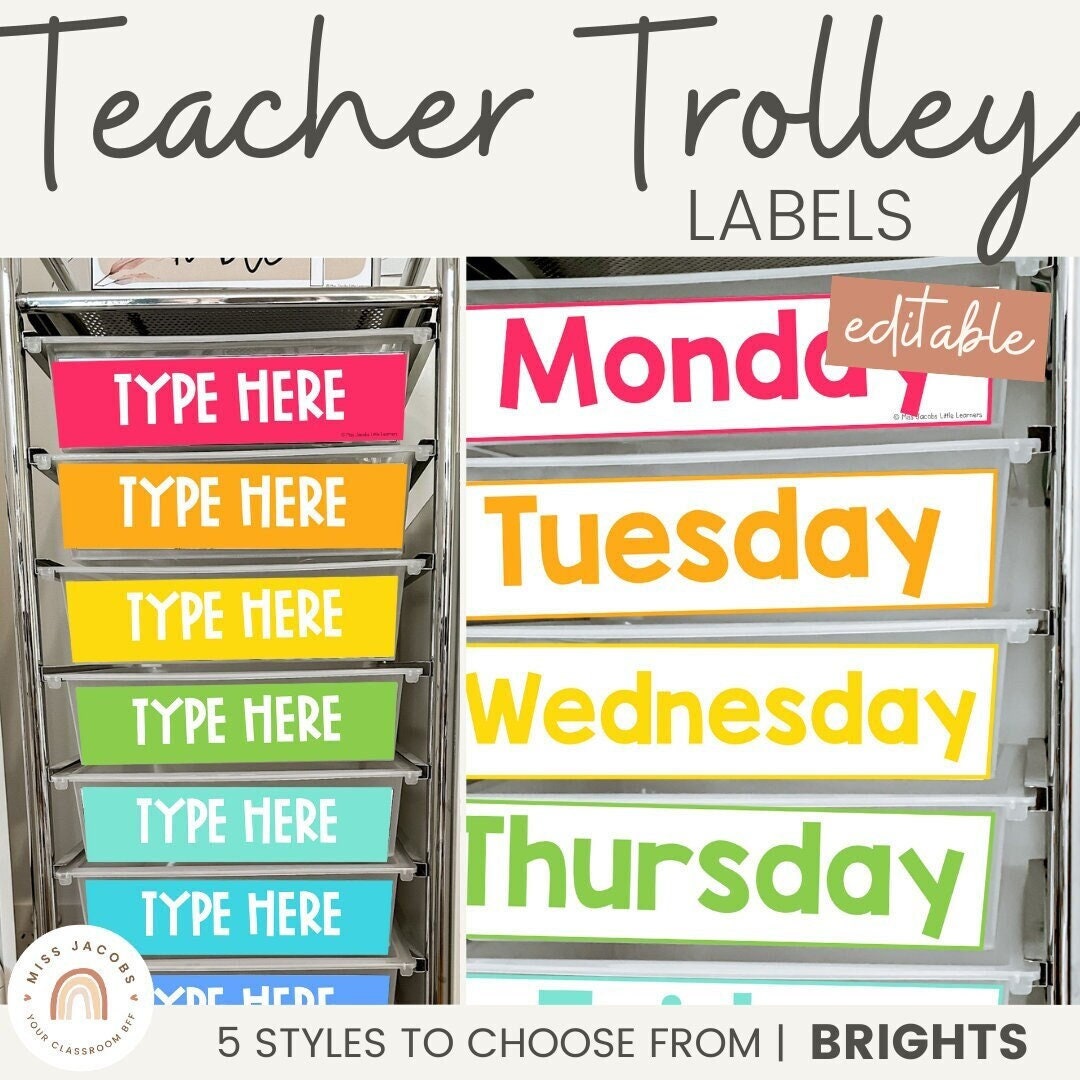 10 Drawer Cart Labels | BRIGHTS Teacher Trolley Labels | Editable - Etsy