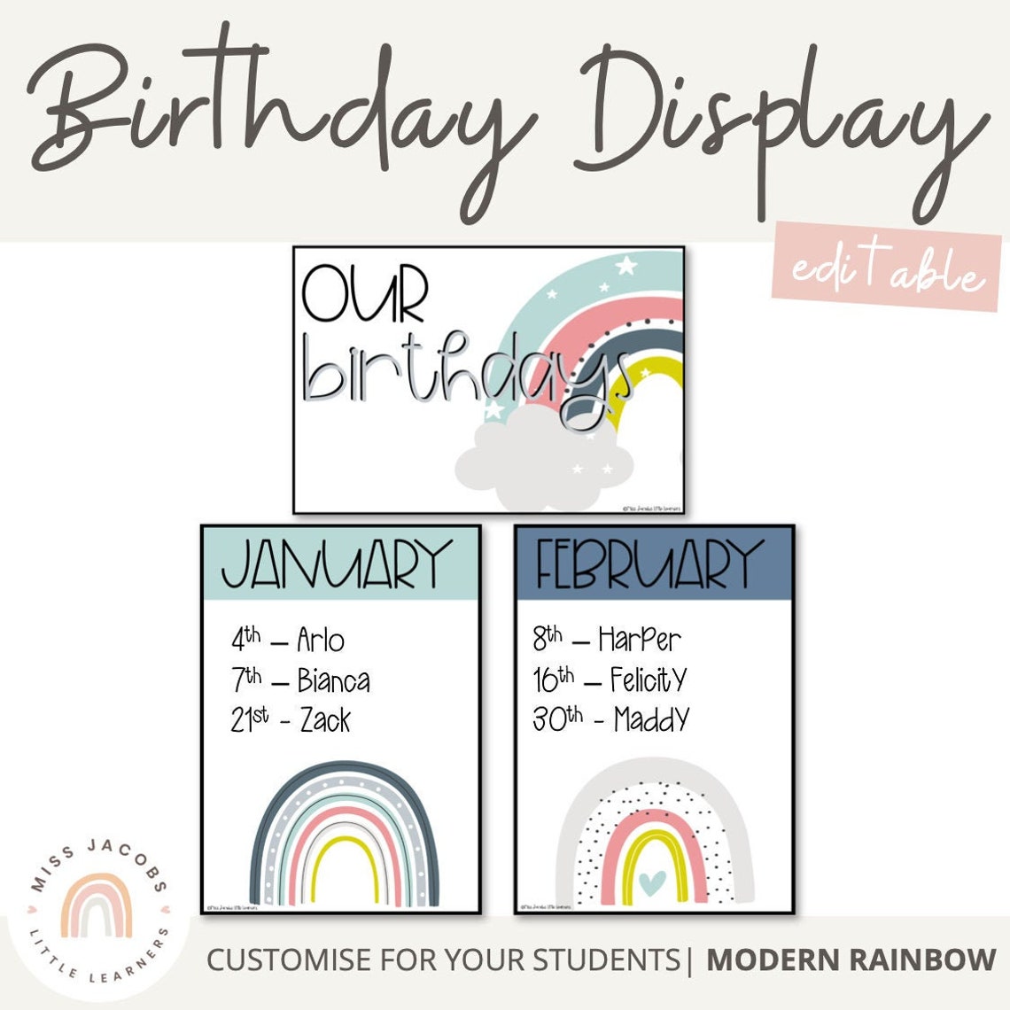 MODERN RAINBOW Birthday Display Editable Calm Colors - Etsy