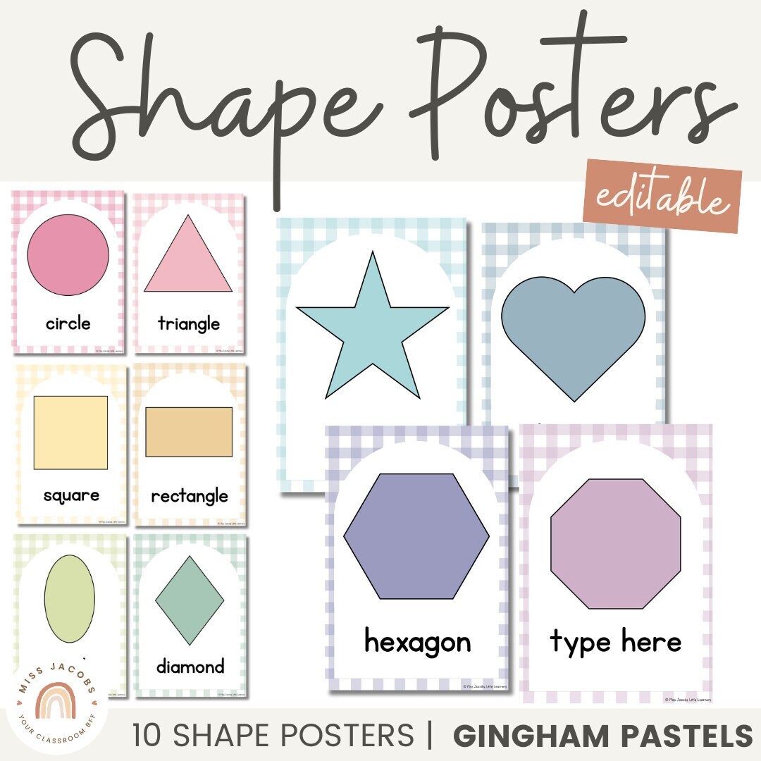 Shape Posters Daisy Gingham Pastels Classroom Decor Editable - Etsy