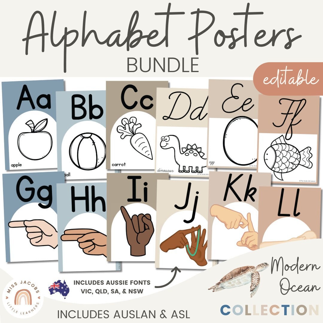 Alphabet Posters Bundle With ASL & Auslan Alphabet Modern Ocean ...