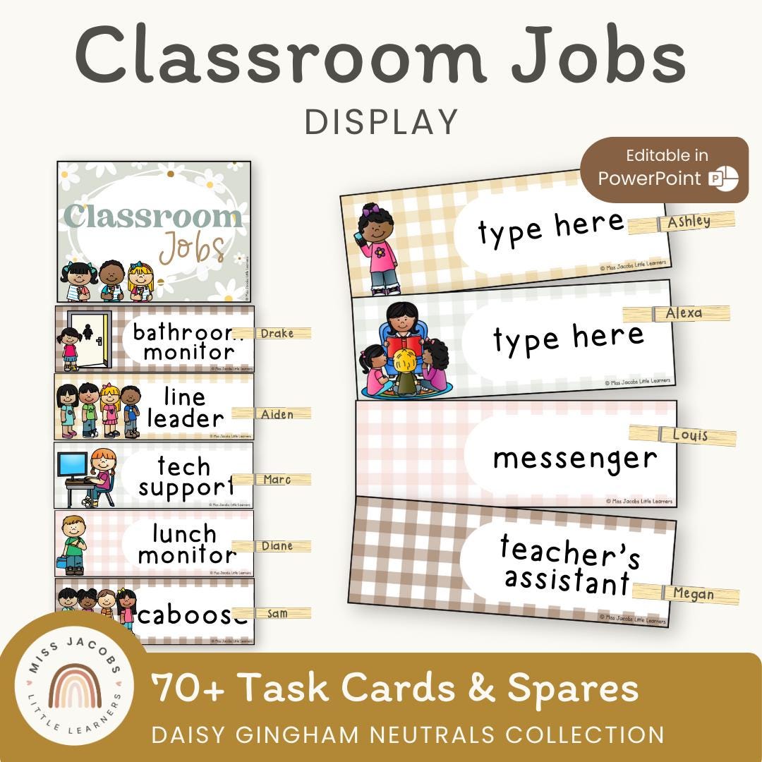Class Jobs Display | Daisy Gingham Neutral Classroom Decor | Editable ...