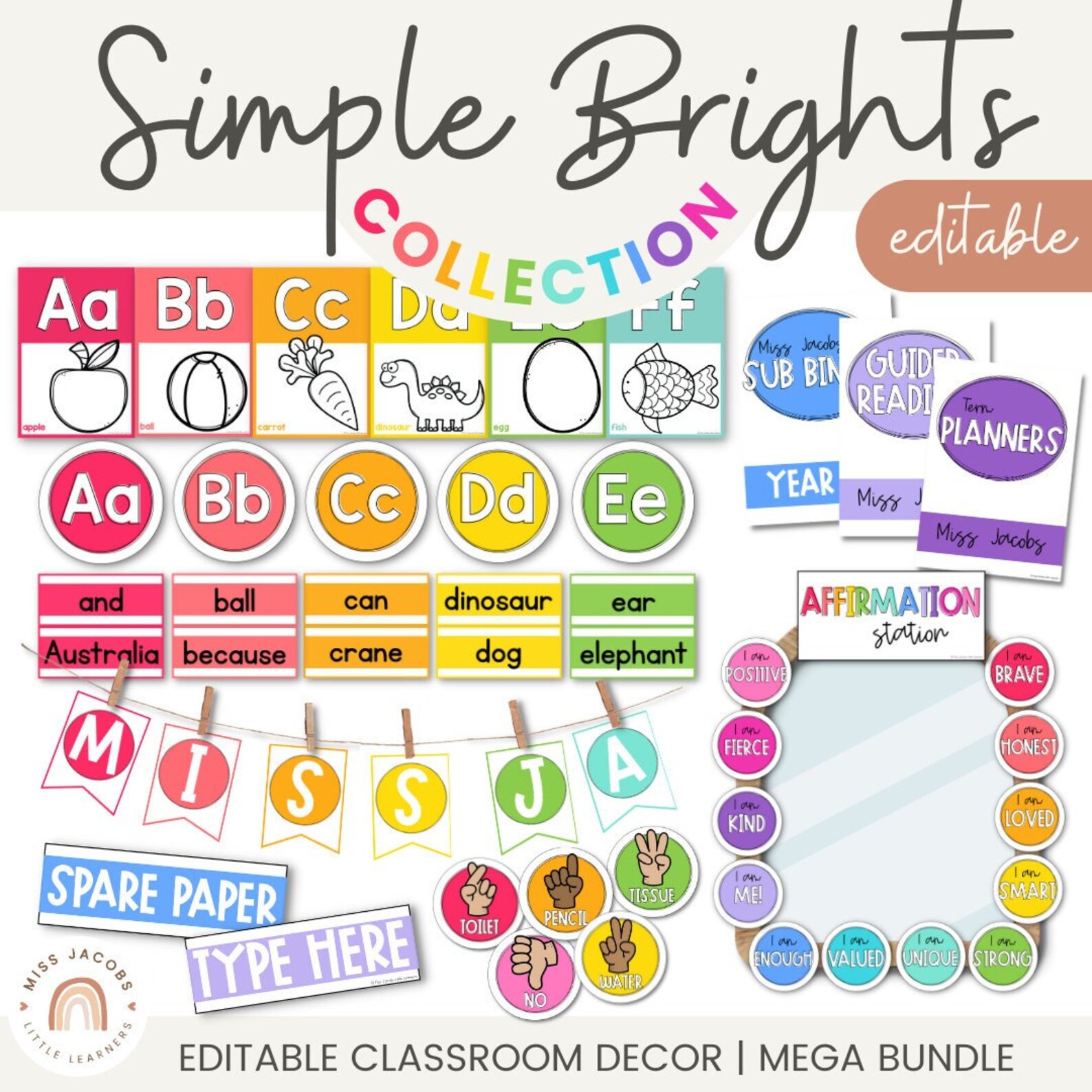 Simple Brights Classroom Decor Bundle EDITABLE - Etsy