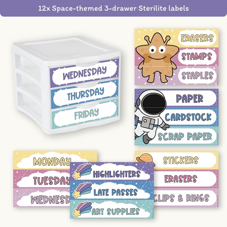 Sterilite 3-drawer Labels: Dreamy Space Theme Classroom Supply ...