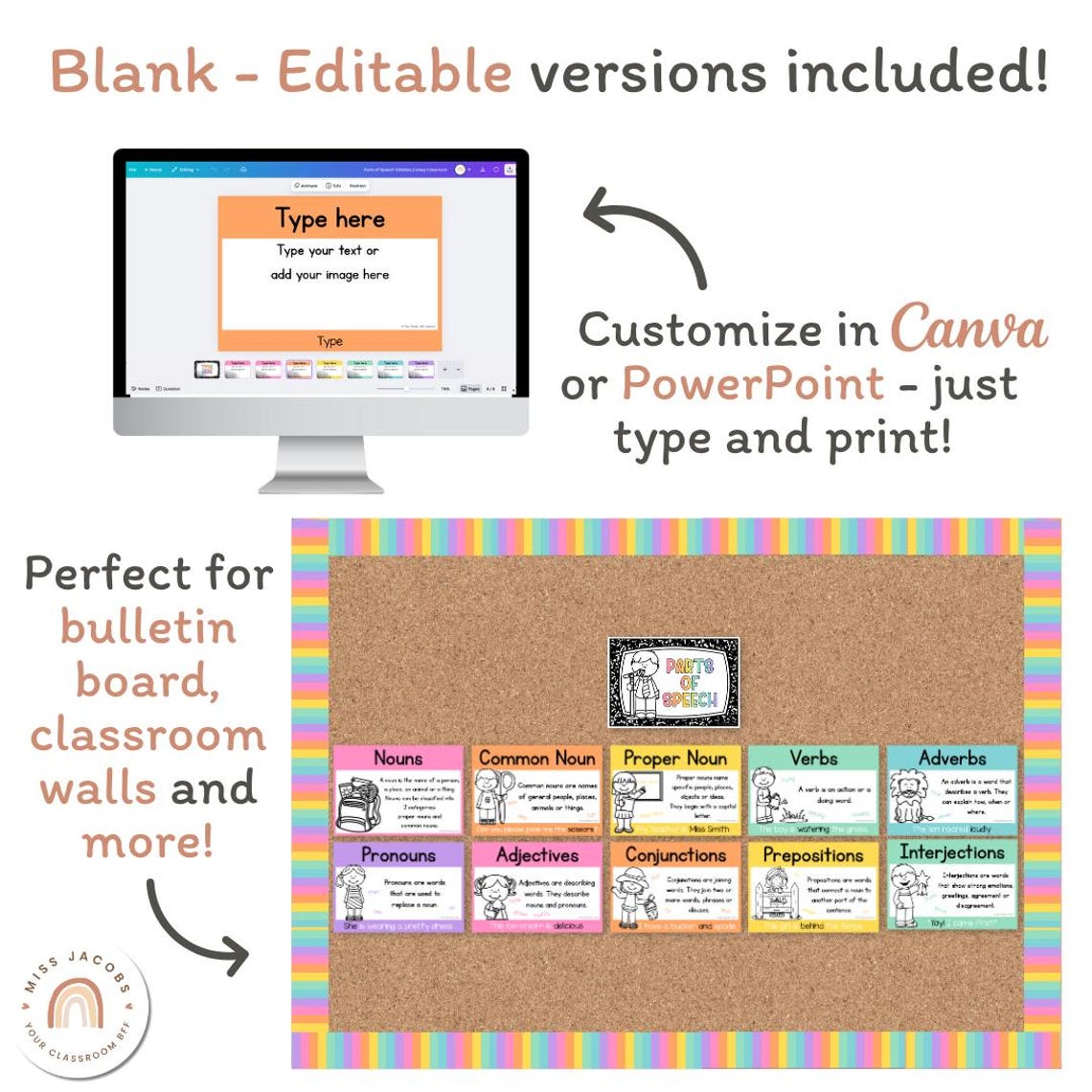 Cutesy Parts of Speech Posters, Colorful Grammar Anchor Charts ...