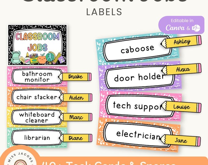 Cutesy Classroom Job Chart Composition Book Theme, Editable Class Job ...