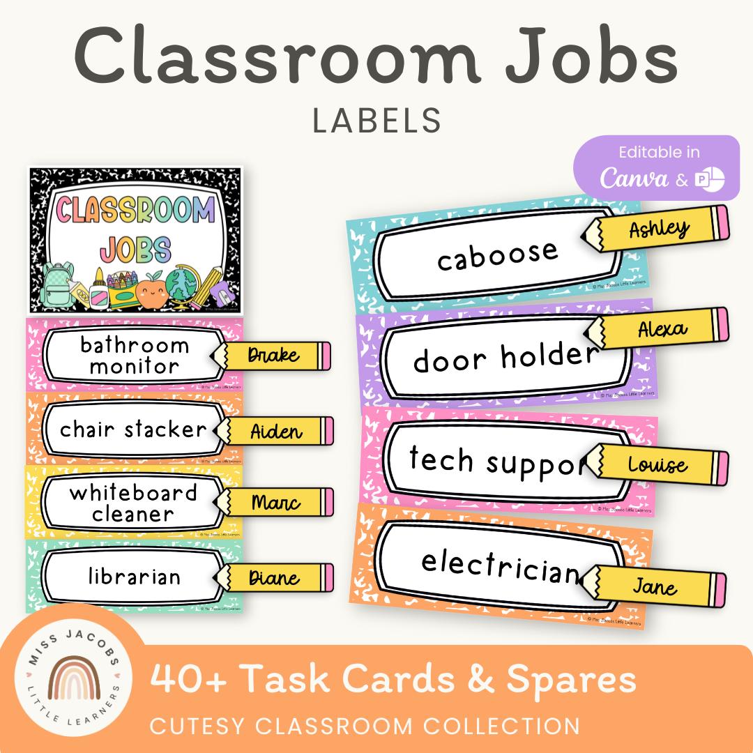 Cutesy Classroom Job Chart Composition Book Theme, Editable Class Job ...