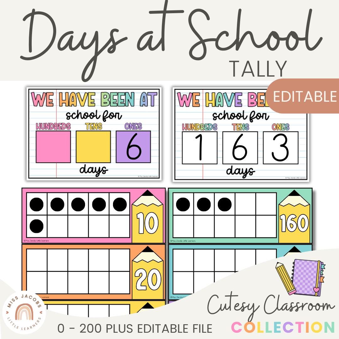 Cutesy Days at School Tally Chart, Colorful School Days Display ...