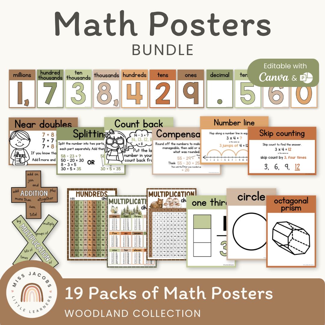 Woodland Rustic Math Posters Bundle, Printable 19 Numeracy Poster Set ...