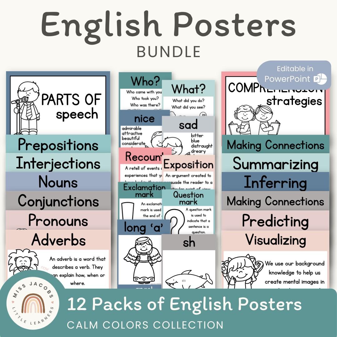 Calming 12 Packs English Posters, Speaking Reading Writing Language ...