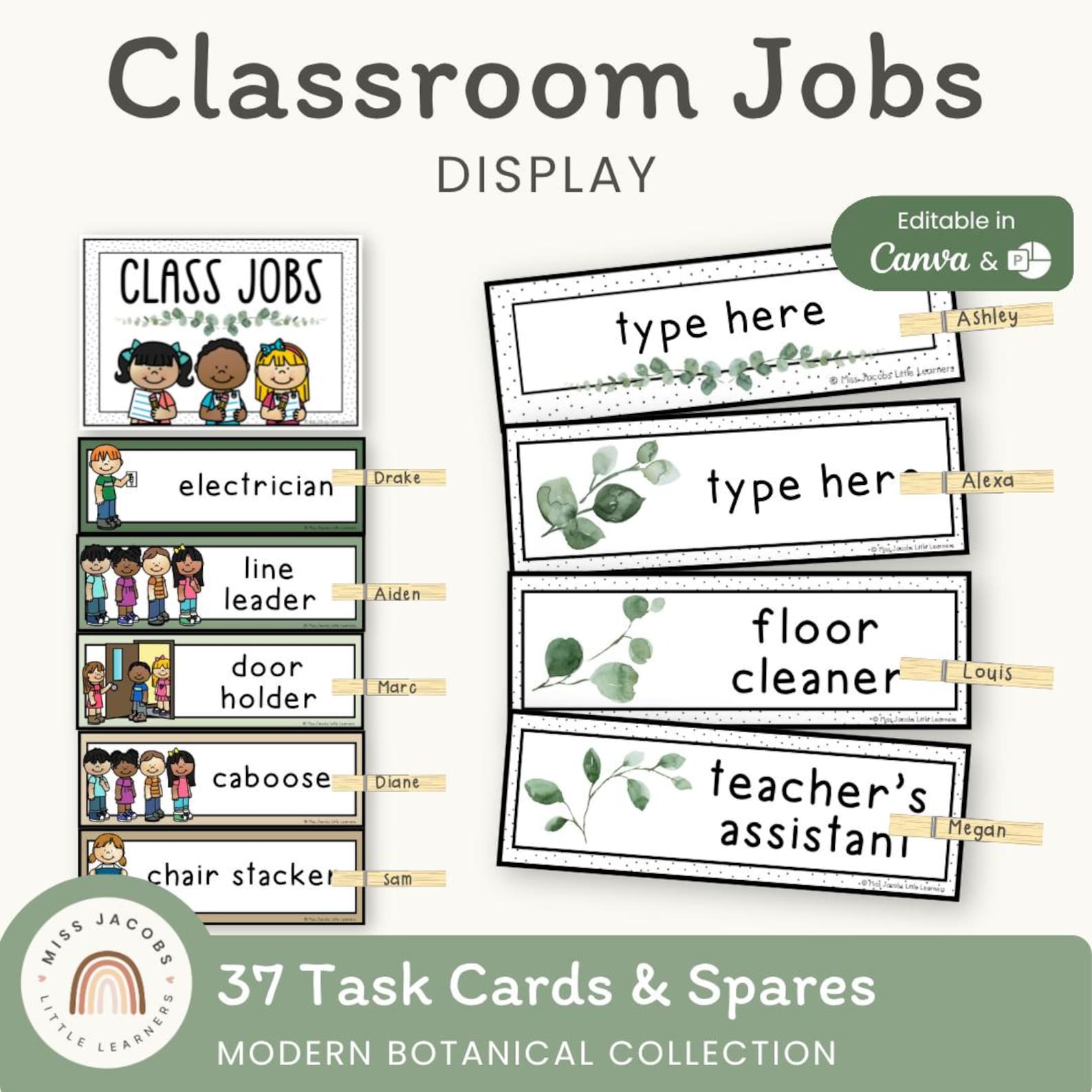 Classroom Job Chart Printable, Editable Nature-themed Job Card Display ...