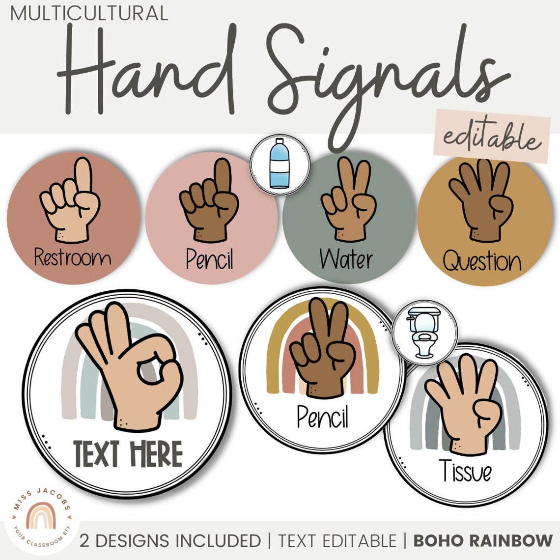 BOHO RAINBOW Hand Signals Posters Editable Neutral Rainbow - Etsy