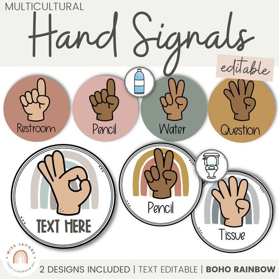 BOHO RAINBOW Hand Signals Posters Editable Neutral Rainbow - Etsy