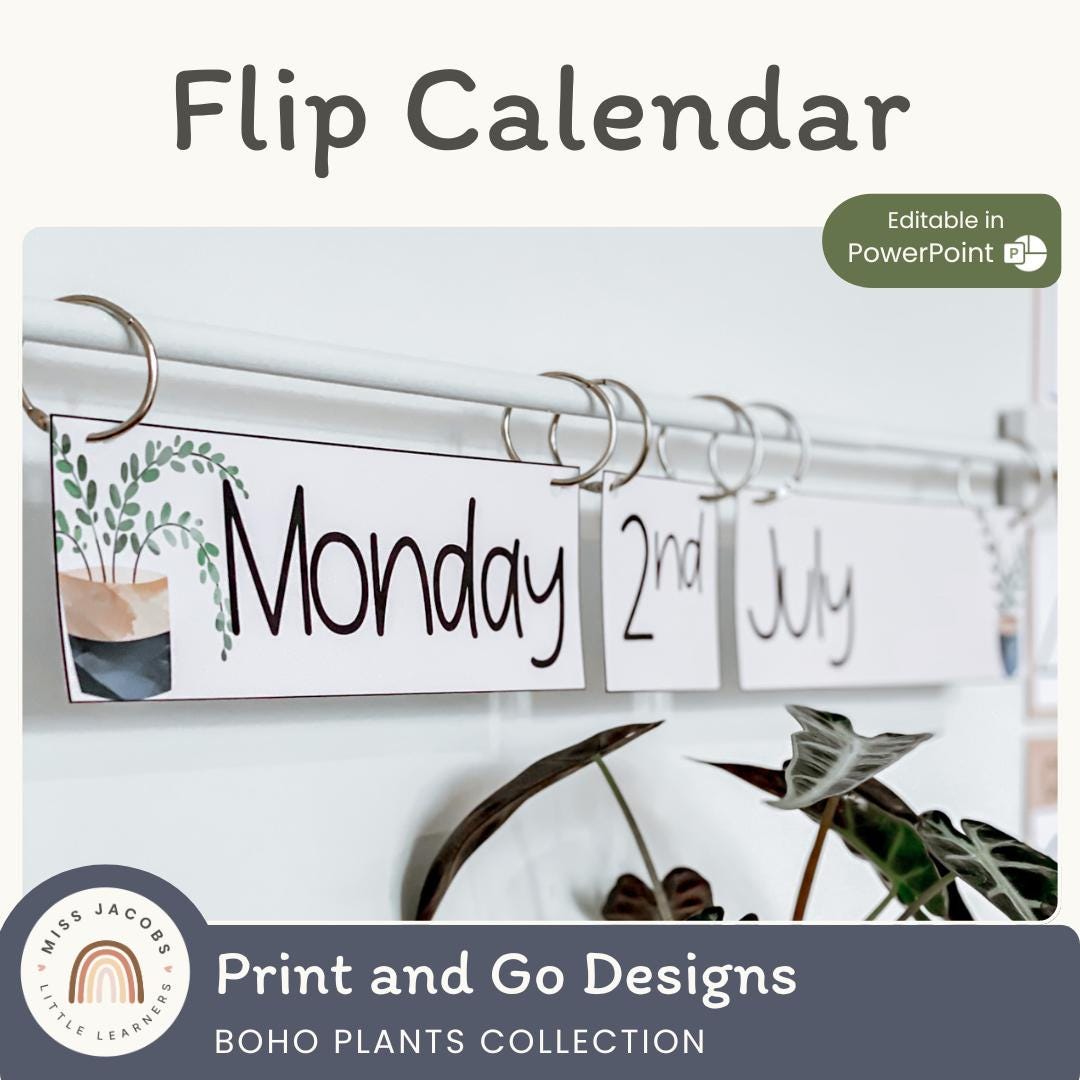 Flip Calendar | Modern Boho Plants Rustic Classroom Decor | Editable ...