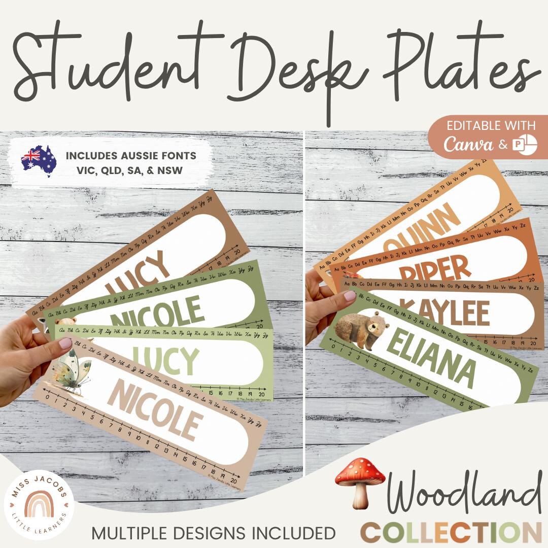 Woodland Student Desk Name Plates, Editable Alphabet & Number Line Name ...