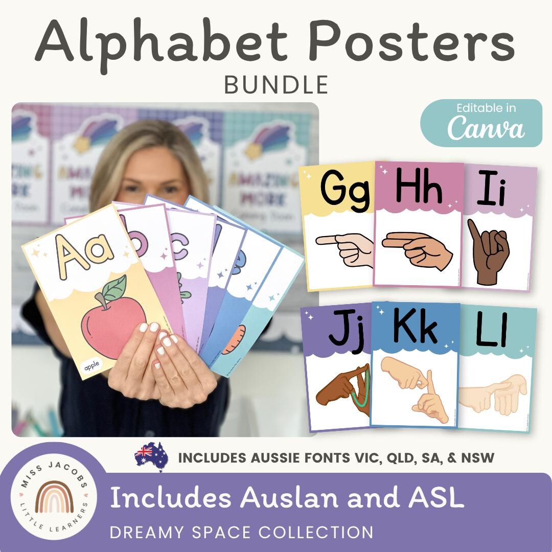 Alphabet Posters Bundle English, ASL, and Auslan: Dreamy Space ABC Hand ...