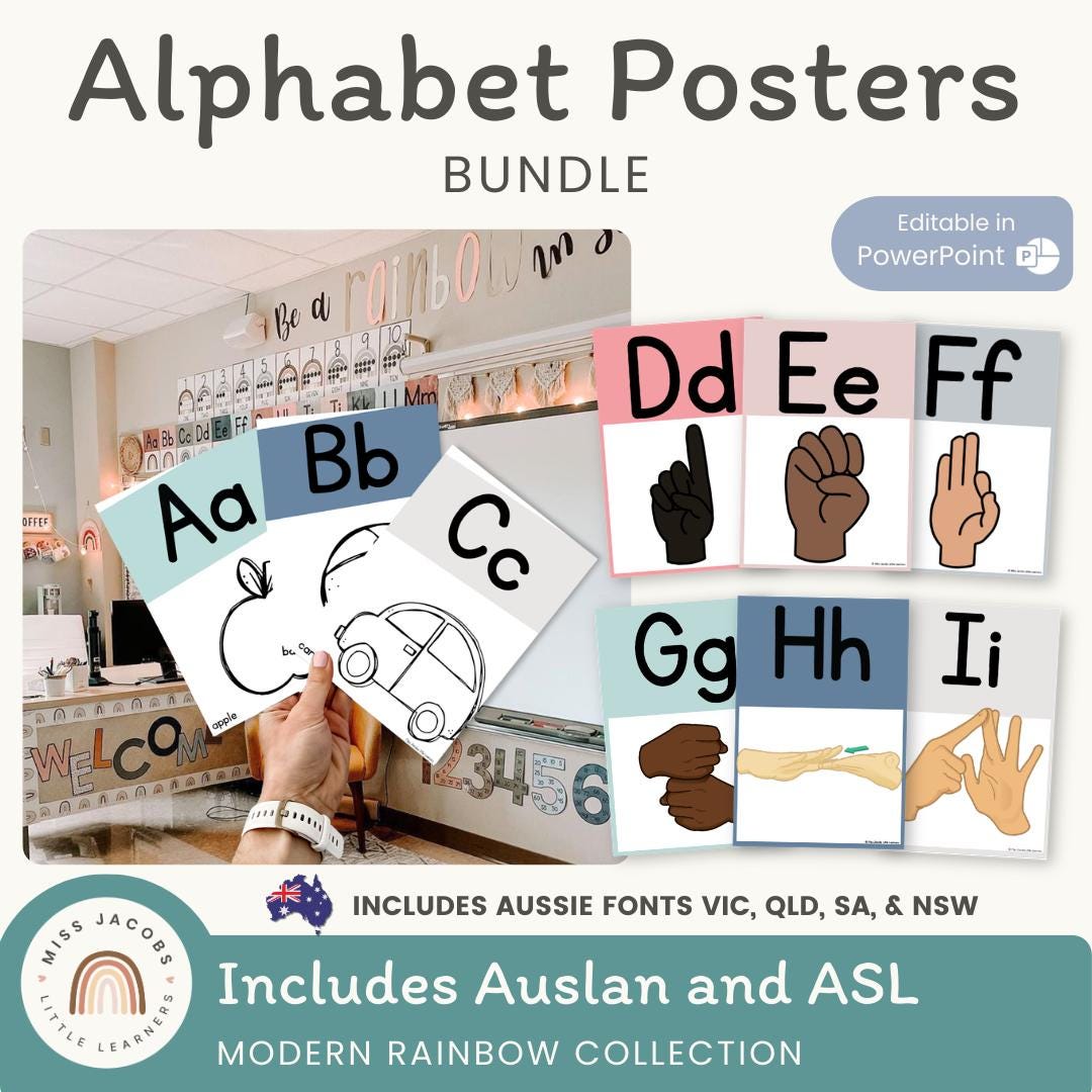 MODERN RAINBOW Alphabet Posters | Editable | Calm Colors Classroom ...