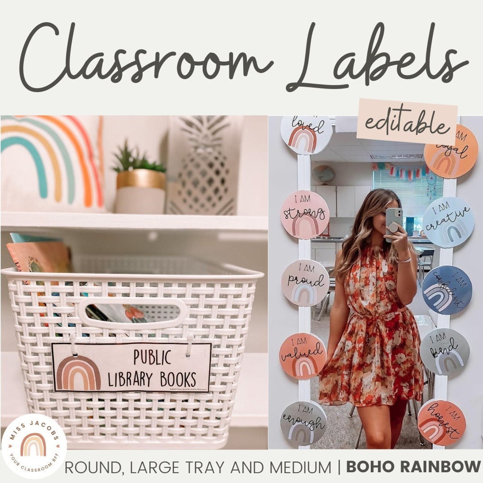 BOHO RAINBOW Classroom Labels Bundle Editable Neutral - Etsy