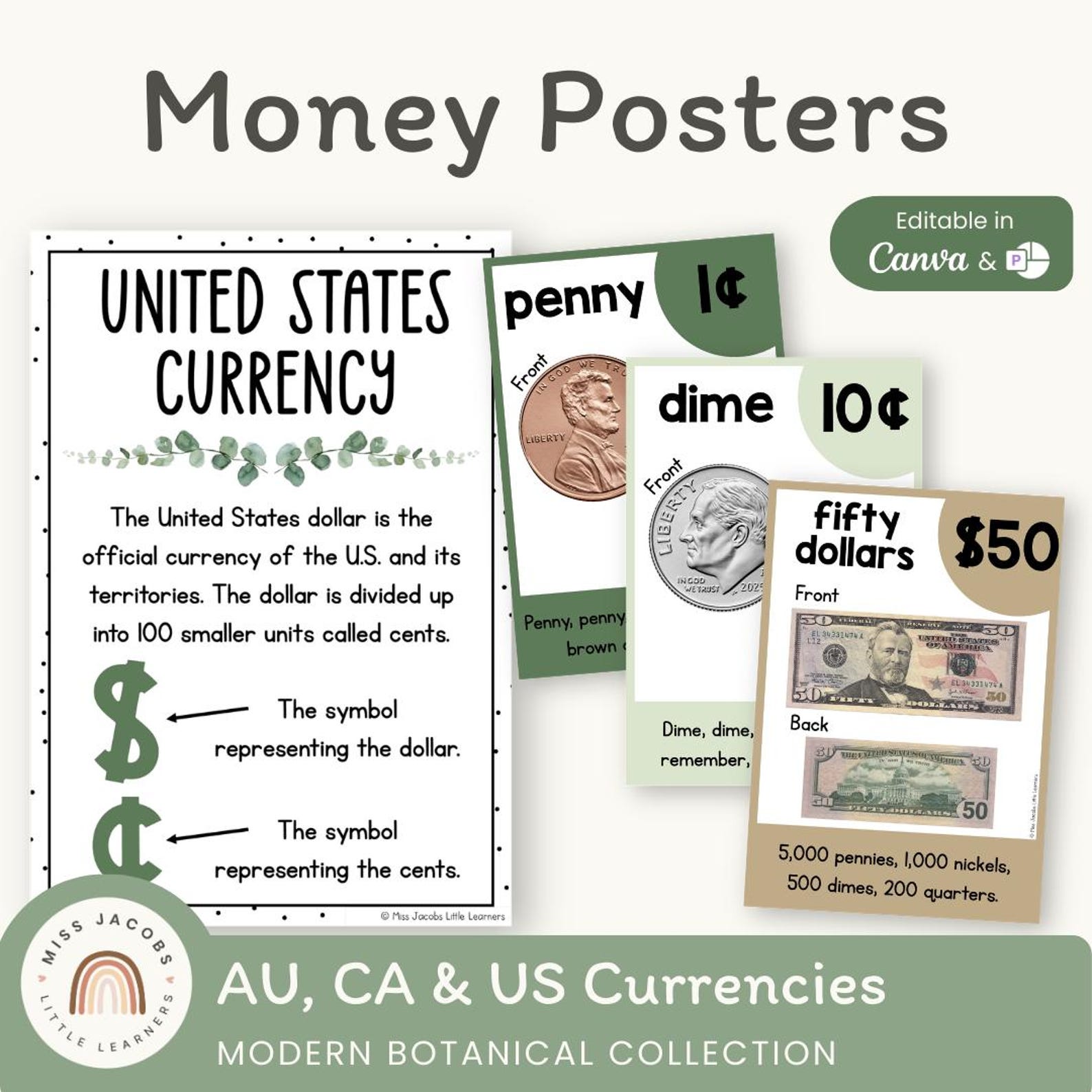 Printable Money Posters for Classroom, Modern Botanical Theme, Counting ...