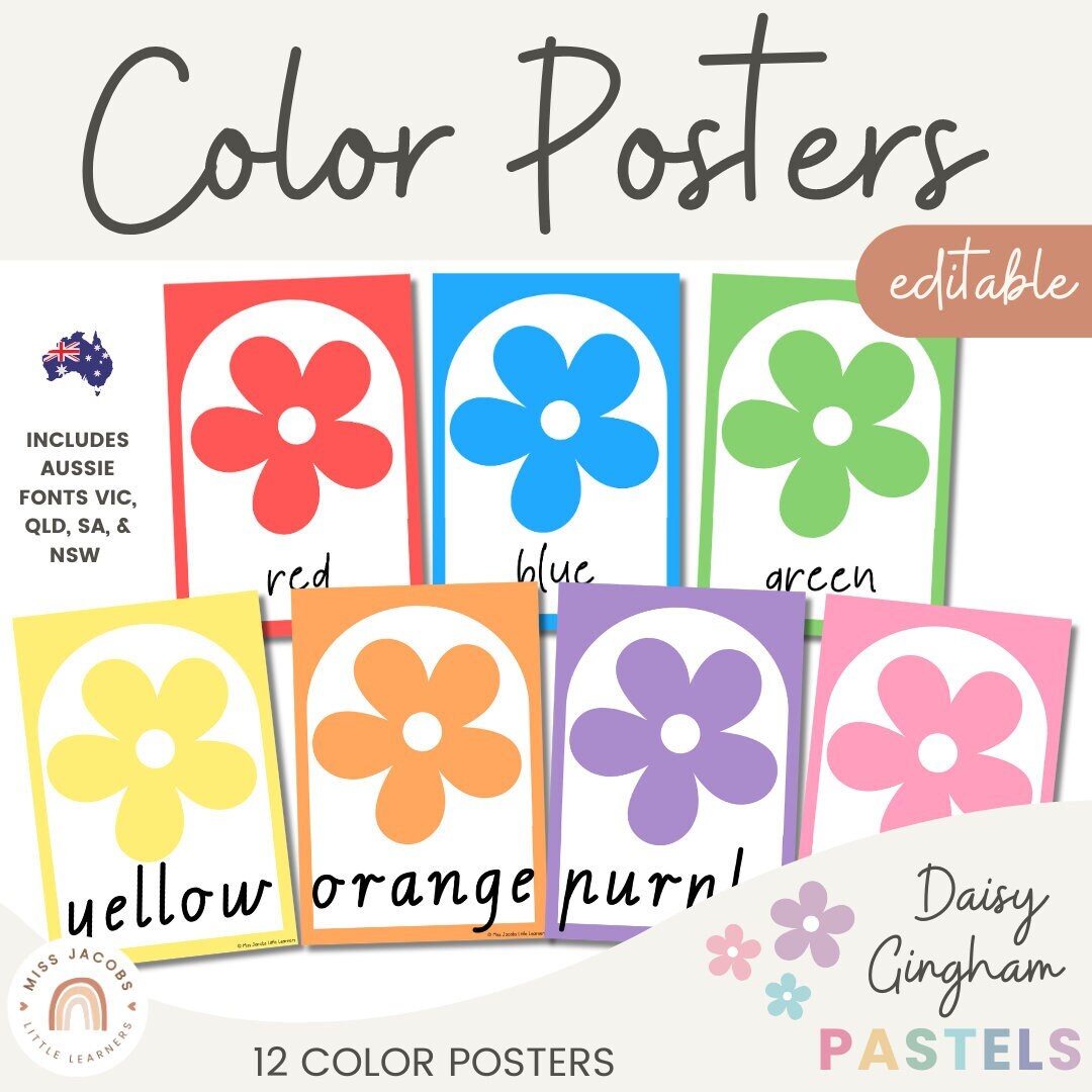 Color Posters | Daisy Gingham Pastels Classroom Decor | Editable - Etsy