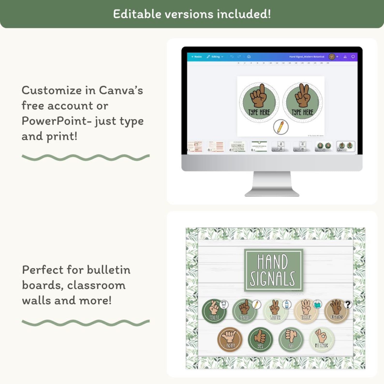 Botanical Hand Signals Posters for Classroom, Editable Visual Cues for ...