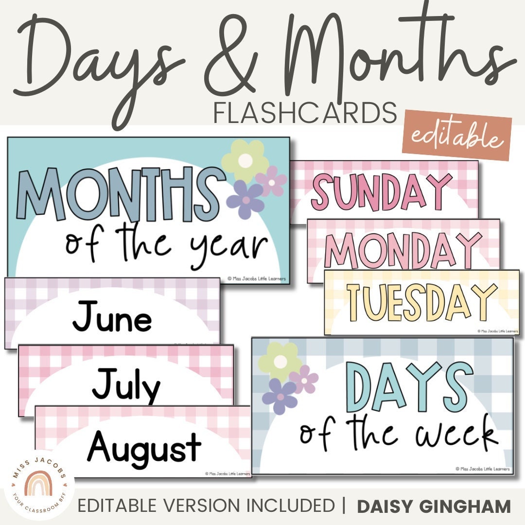Days and Months Flashcards Daisy Gingham Pastels Classroom Decor ...