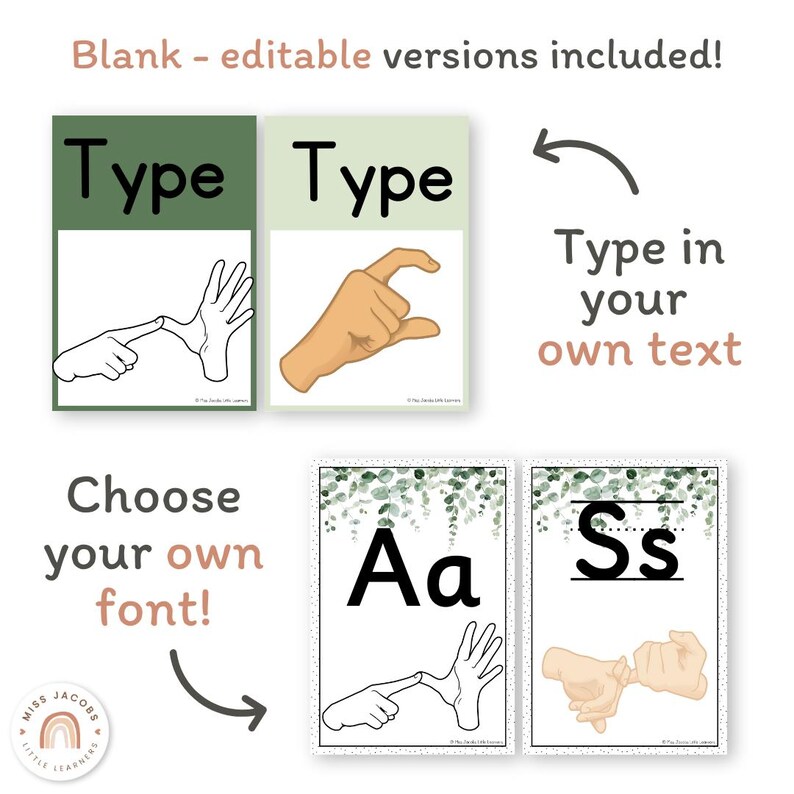 Auslan Alphabet Posters, Modern Botanical A–Z Hand Signal Wall Set ...