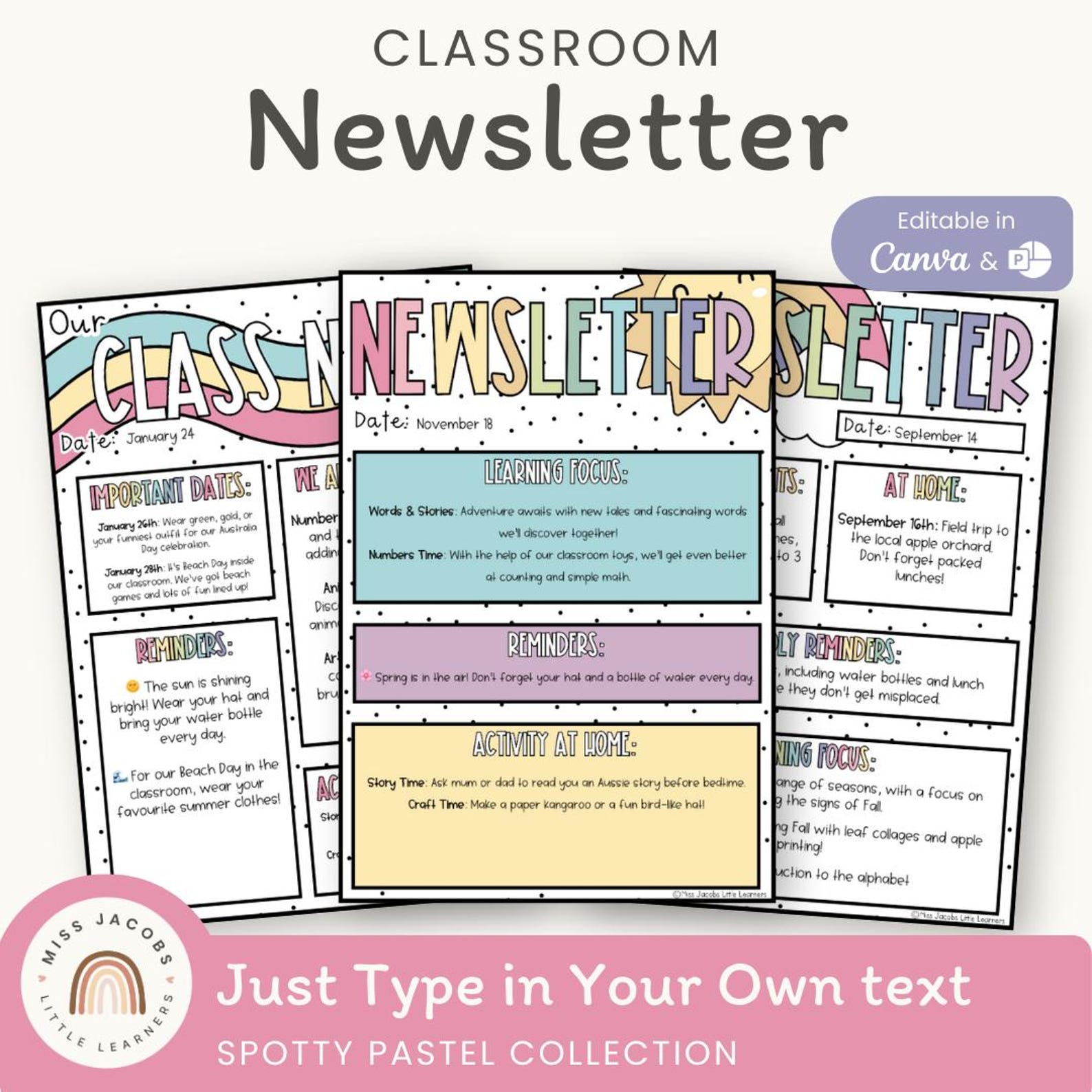 Classroom Newsletter Templates | Editable | Spotty Pastels Classroom ...
