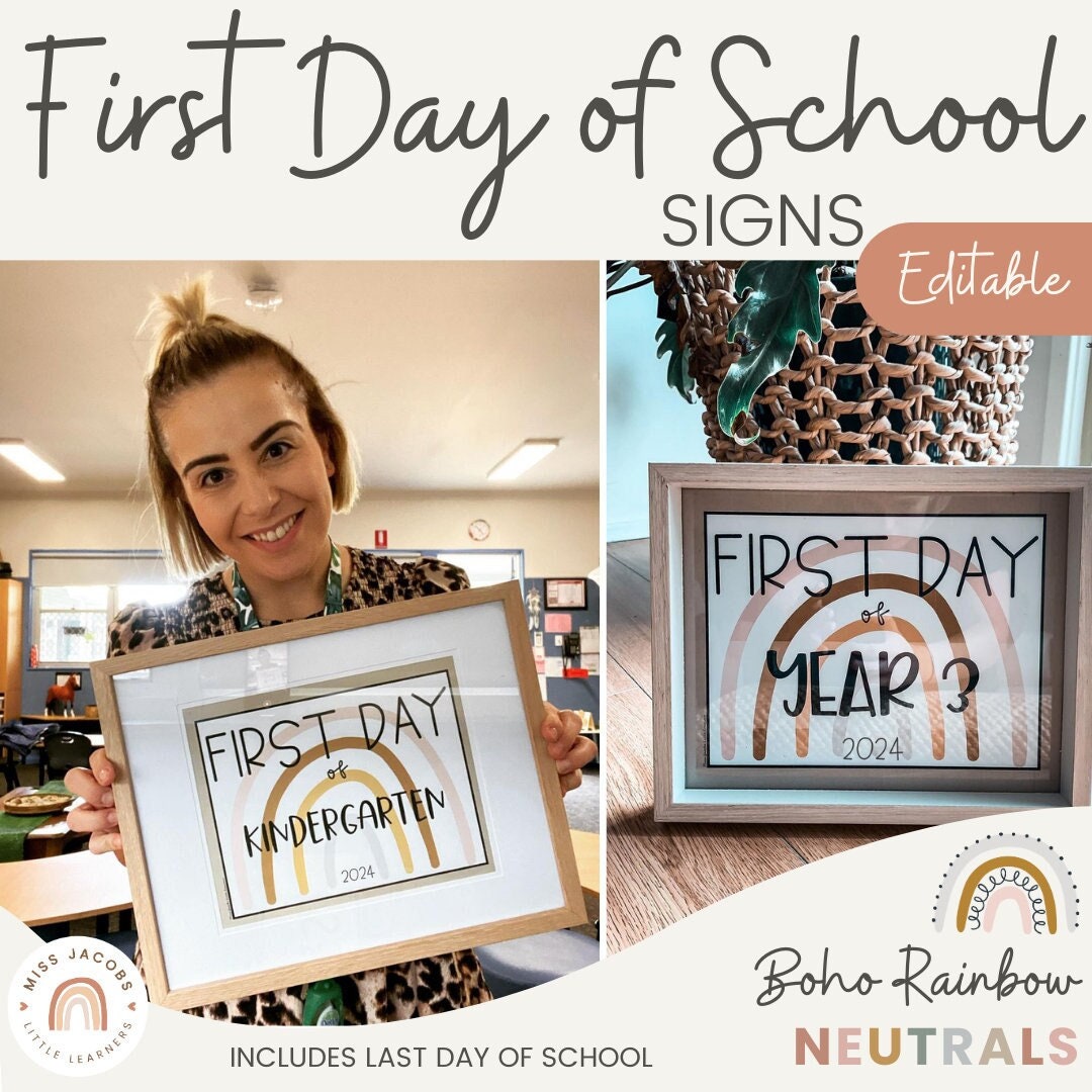 Modern BOHO RAINBOW First Day of School Sign | Editable Neutral Rainbow ...