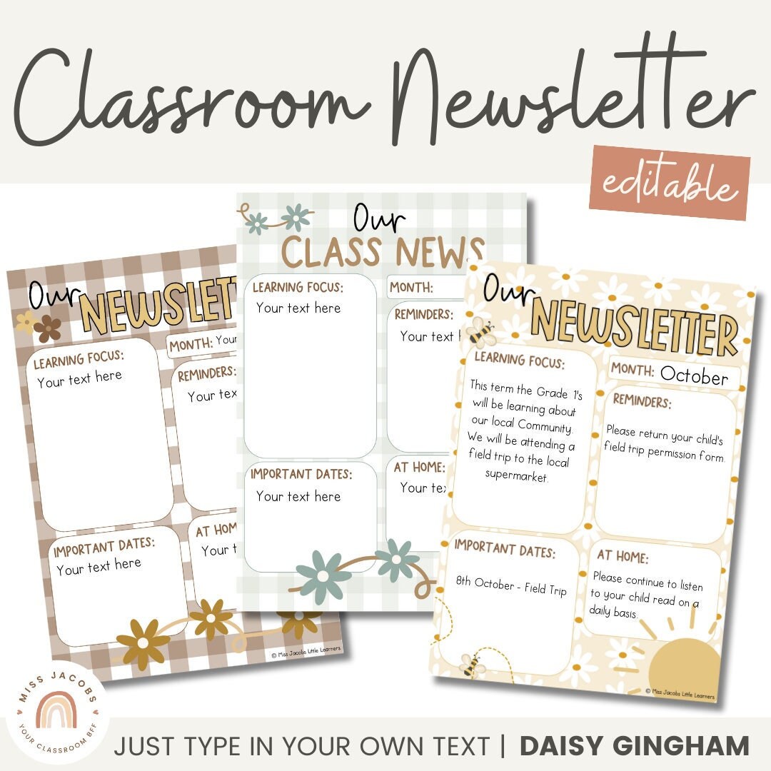 Editable Classroom Newsletter Template Daisy Gingham Neutrals Classroom ...