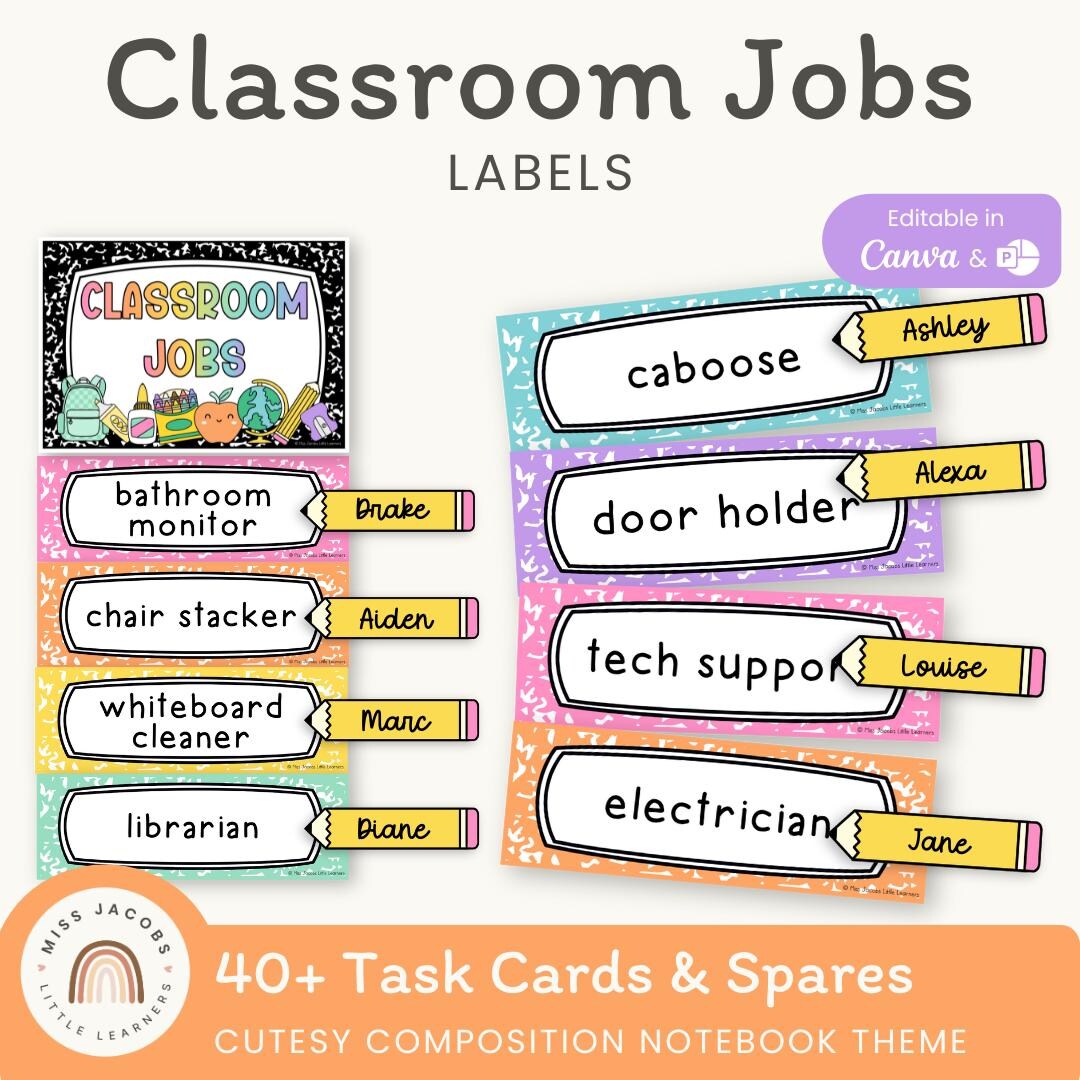 Cutesy Classroom Job Chart Composition Book Theme, Editable Class Job ...