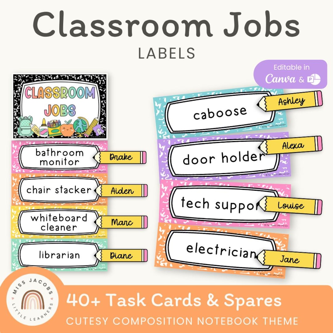 Cutesy Classroom Job Chart Composition Book Theme, Editable Class Job ...