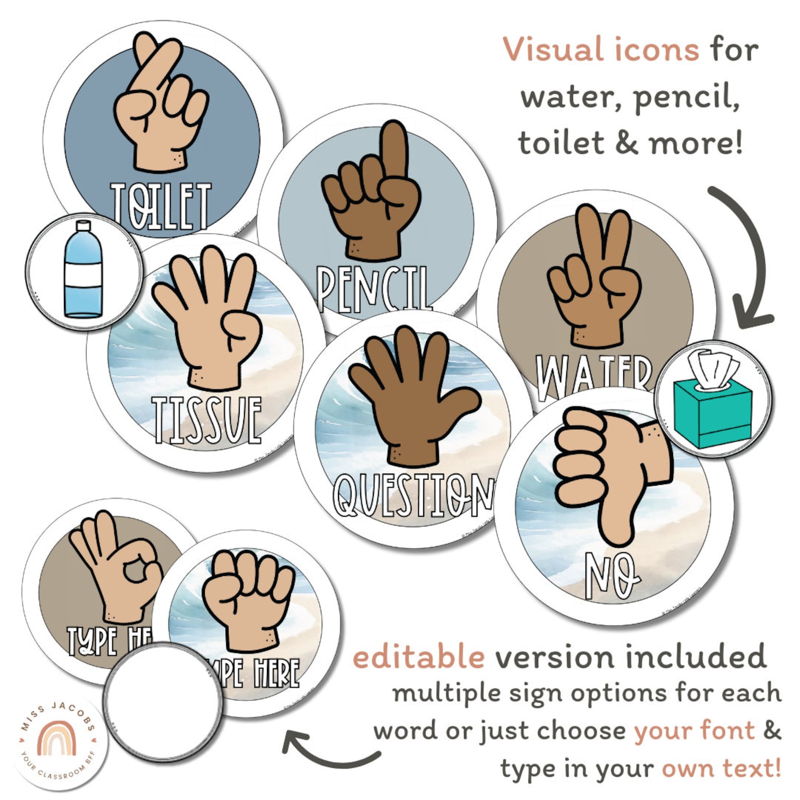 Hand Signals | Modern Ocean Classroom Decor | Editable - Etsy