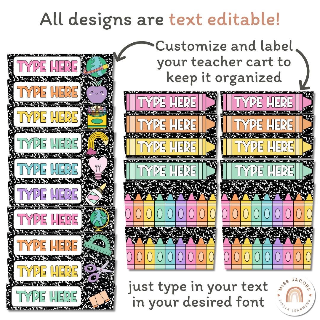 Cutesy Teacher Rolling Cart Editable Labels, Back to School 10 - 12 ...