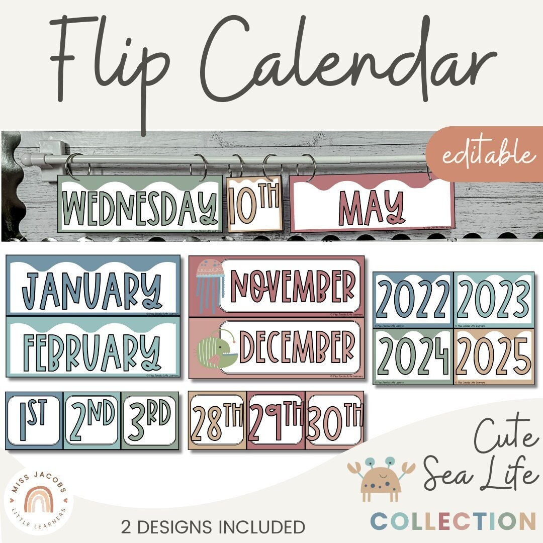 Flip Calendar, Cute Sea Life Clipart Theme Classroom Calendar ...