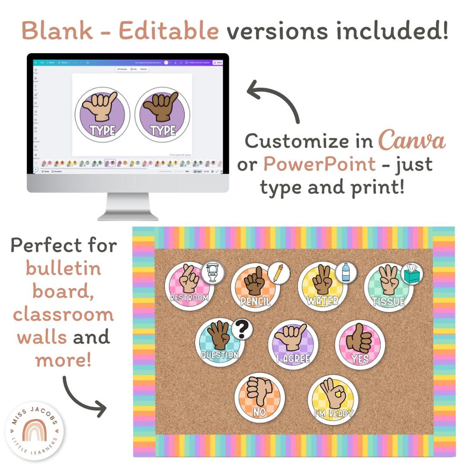 Cutesy Hand Signals Posters, Printable and Editable Classroom Decor ...