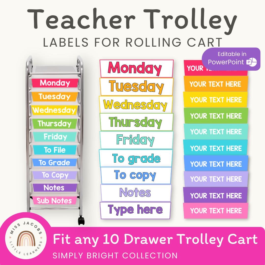 10 Drawer Cart Labels | BRIGHTS Teacher Trolley Labels | Editable - Etsy