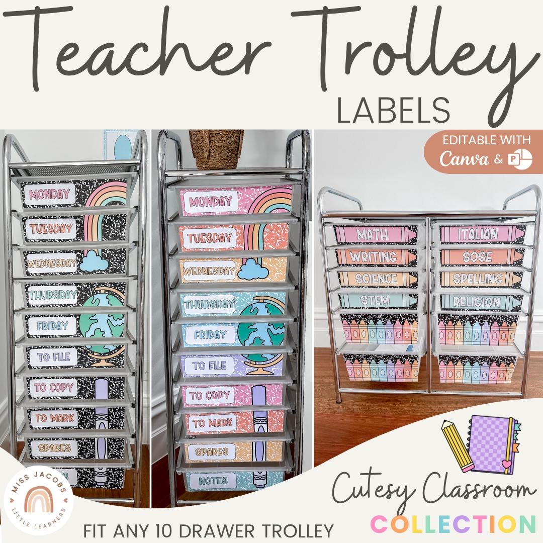 Cutesy Teacher Rolling Cart Editable Labels, Back to School 10 - 12 ...