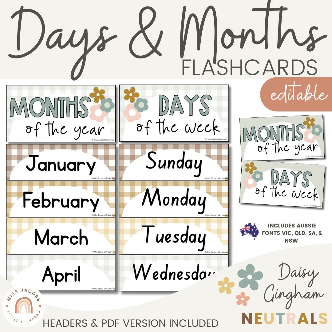 Days and Months Flashcards | Daisy Gingham Neutrals Classroom Decor - Etsy