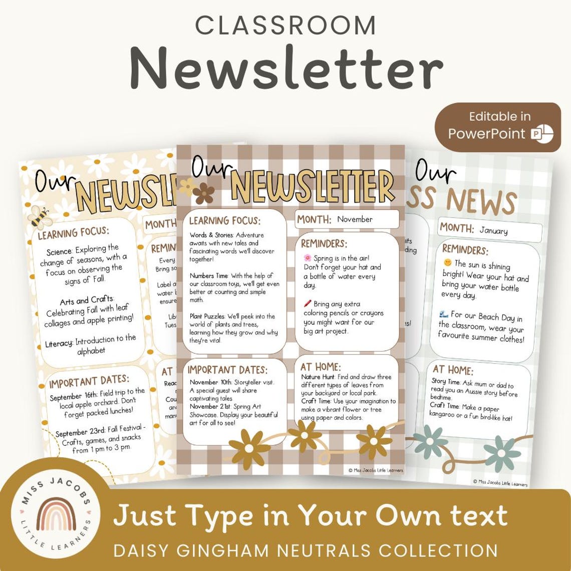 Editable Classroom Newsletter Template | Daisy Gingham Neutrals ...