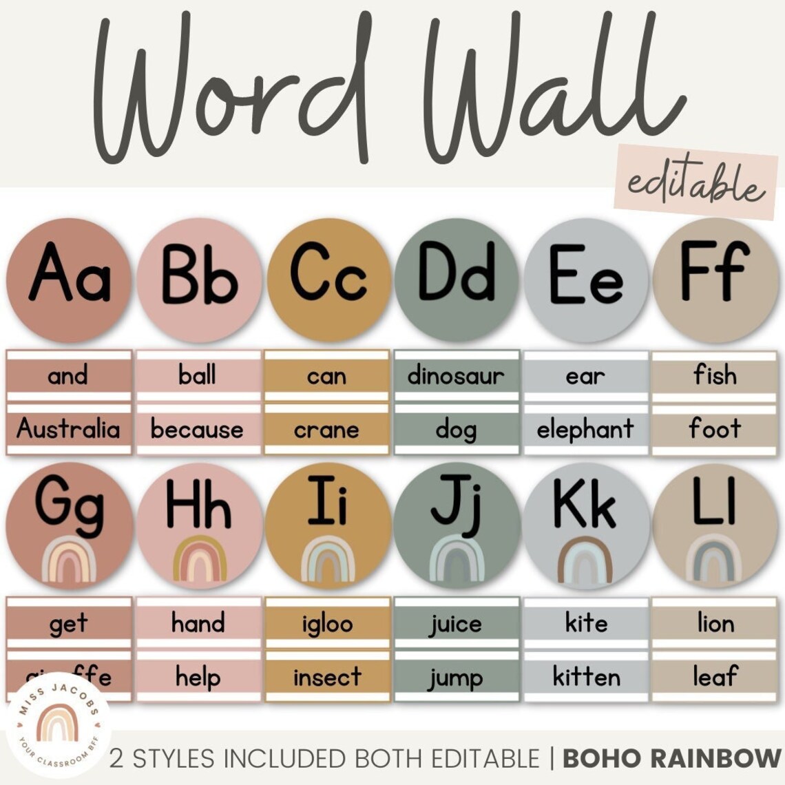 BOHO RAINBOW Word Wall Editable Neutral Rainbow Classroom - Etsy