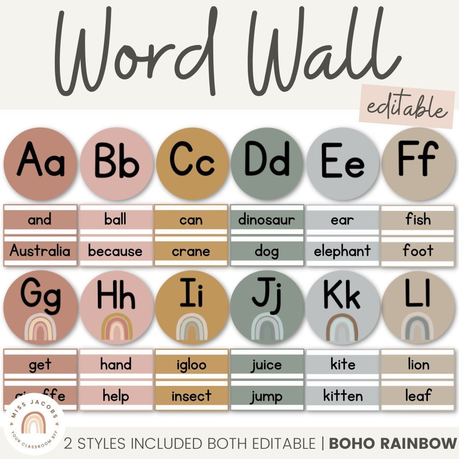 BOHO RAINBOW Word Wall Editable Neutral Rainbow Classroom - Etsy